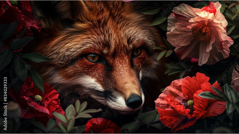 red fox portrait, orange fox face among red flowers, a fox's face ...