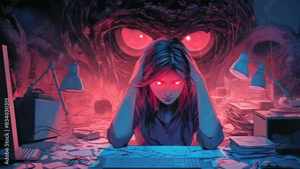 A young, determined woman with glowing red eyes sits at a cluttered ...