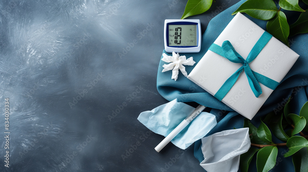 An arrangement of a digital thermometer, showing a fever temperature ...