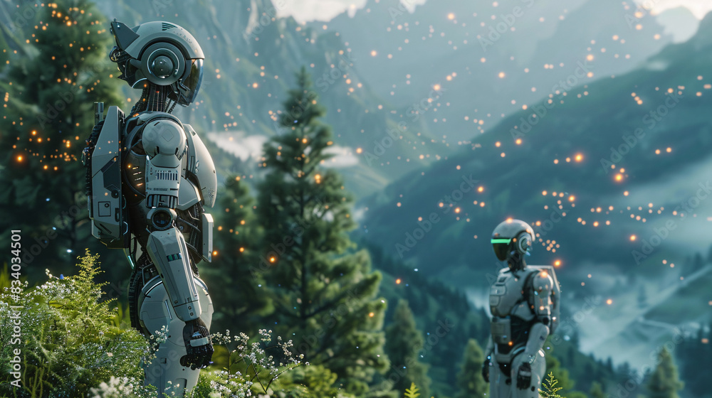 A futuristic scene of AI robots assisting scientists in field research ...