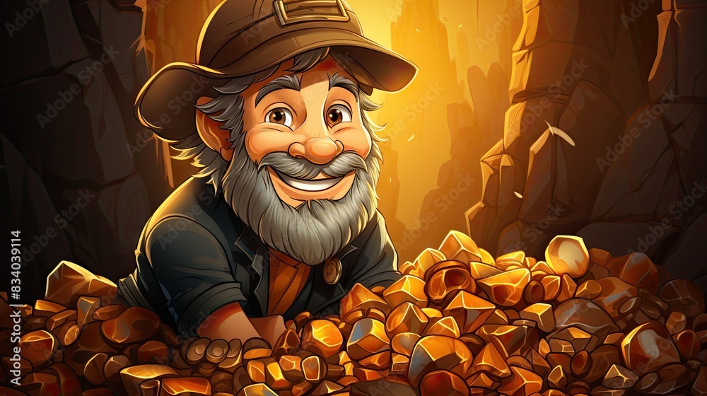 A cartoon character in a mine filled with shining gold coins, depicting ...