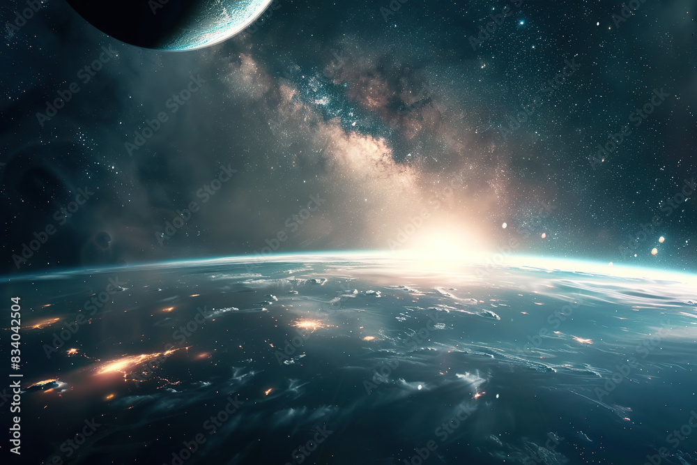 Space Exploration Day. Surface of Earth planet in deep space. Outer ...