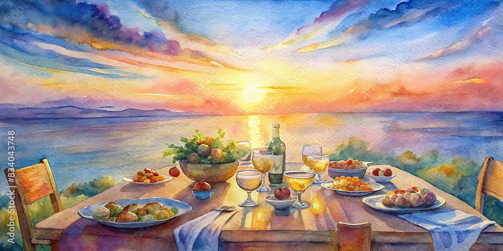 Sunset dinner table with food and drinks, captured in a joyous ...