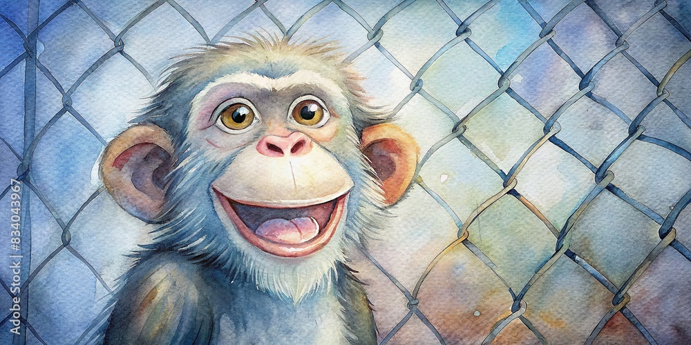 Monkey smiling in a cage with chain link fence, watercolor , monkey ...
