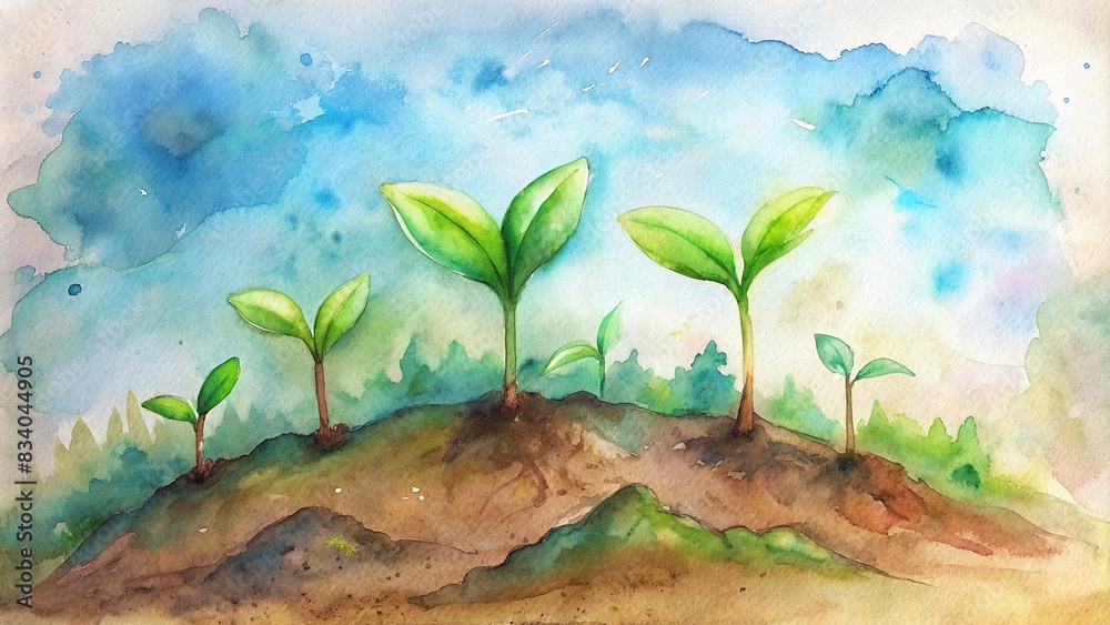 Young seedlings emerging from the ground on Earth Day with watercolor ...