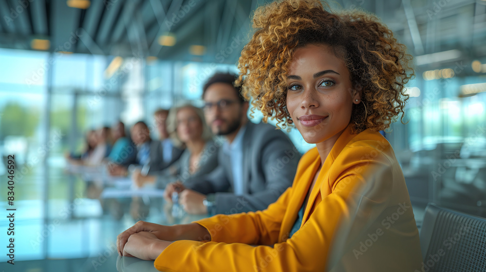 young black businesswoman with board of directors of at modern white ...