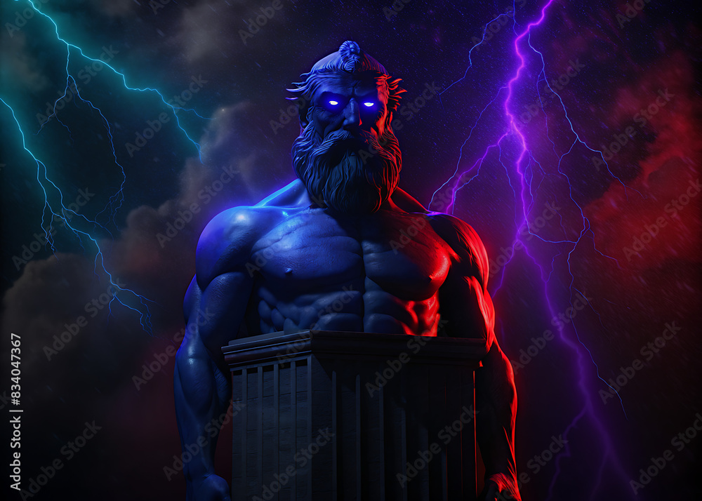 Strong and imposing stoic statue in metallic black, blue, purple, and ...