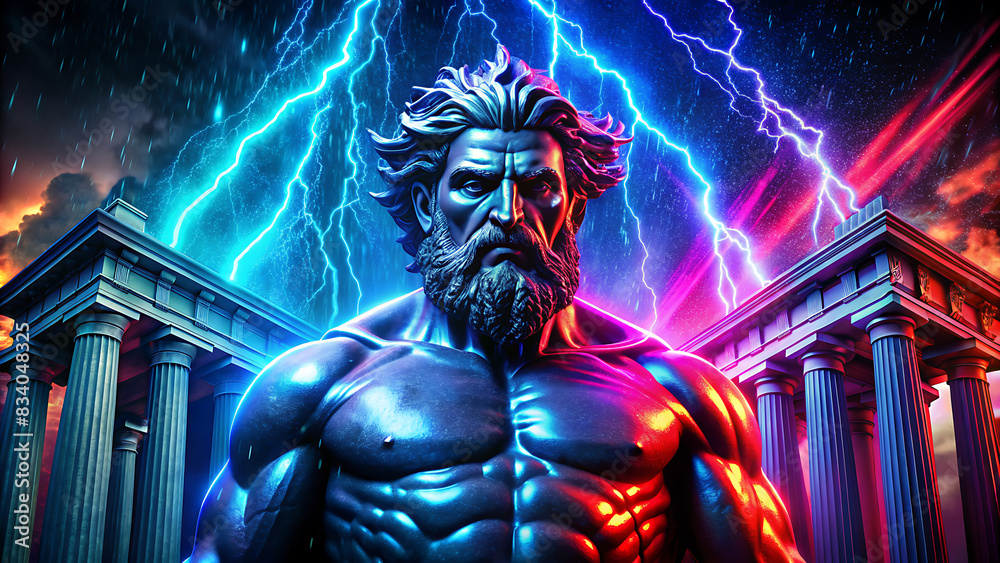 Strong and imposing stoic statue in metallic black, blue, purple, and ...