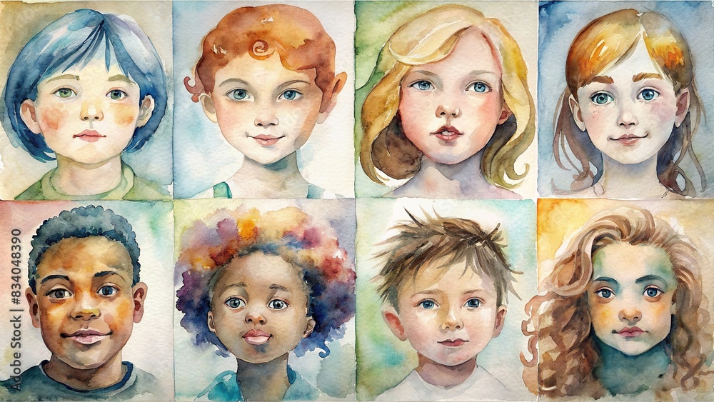 Watercolor grid of children's diverse faces and hairstyles , diversity ...