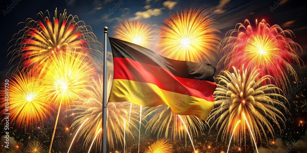 German flag with vibrant fireworks display in the night sky ...