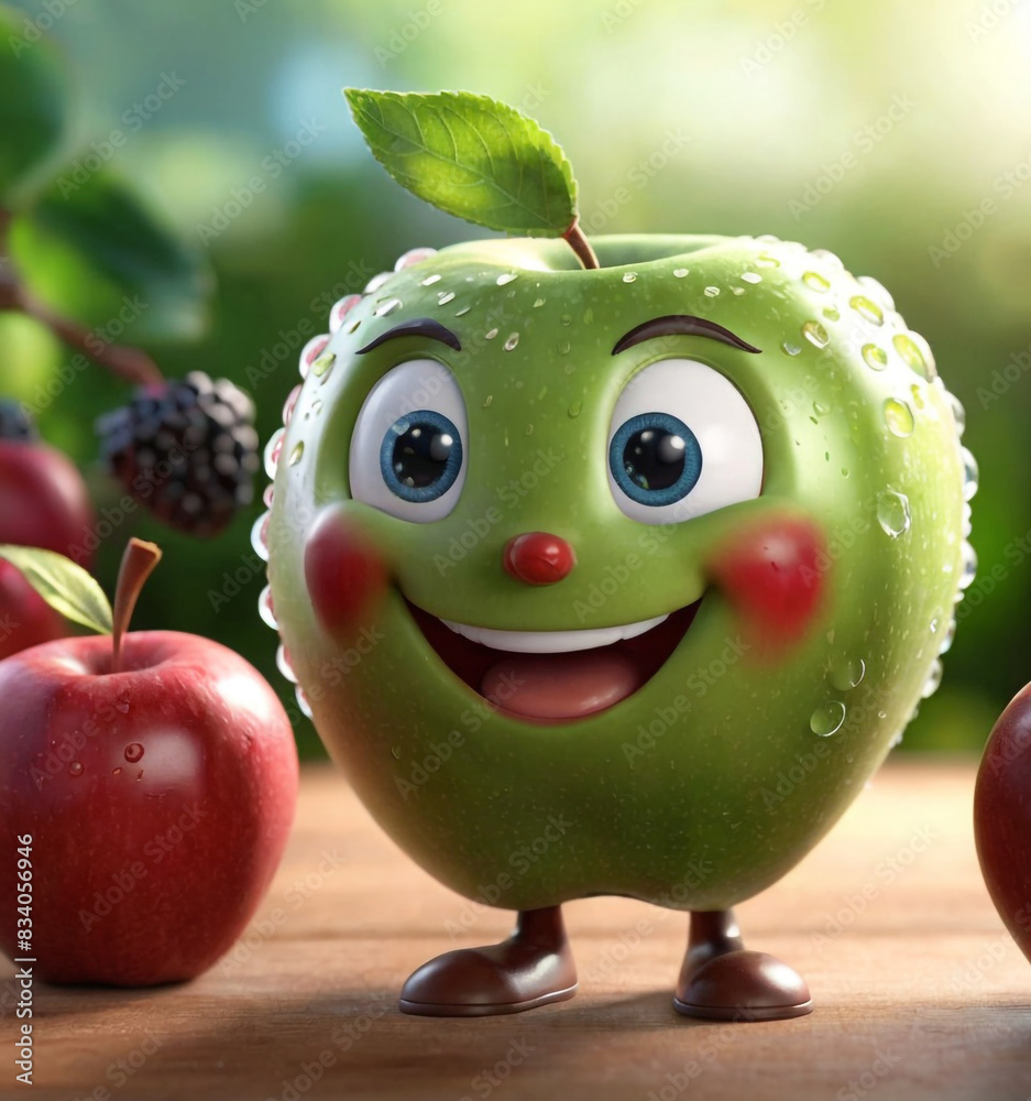 3D illustration of a green apple with anthropomorphic features such as ...