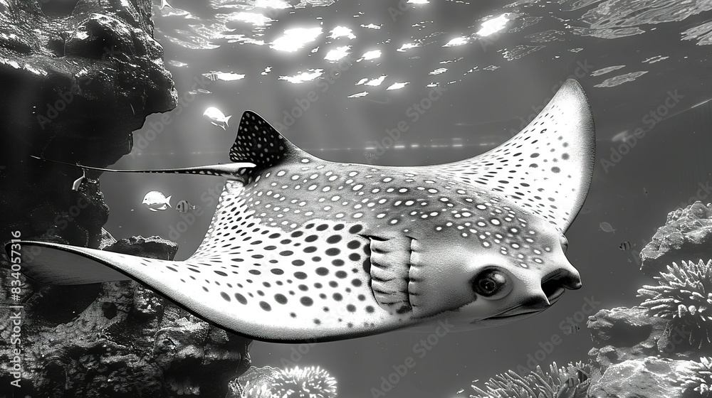 A monochromatic image depicts a stingfish submerged in water, its tail ...