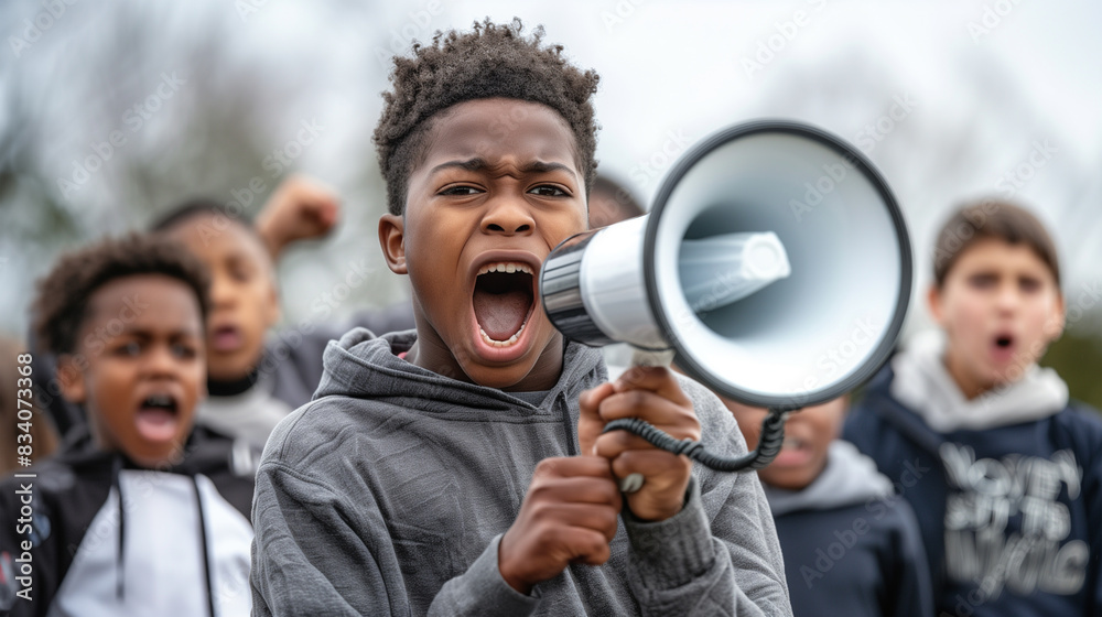 African American boy screaming into a megaphone, loudspeaker, more ...