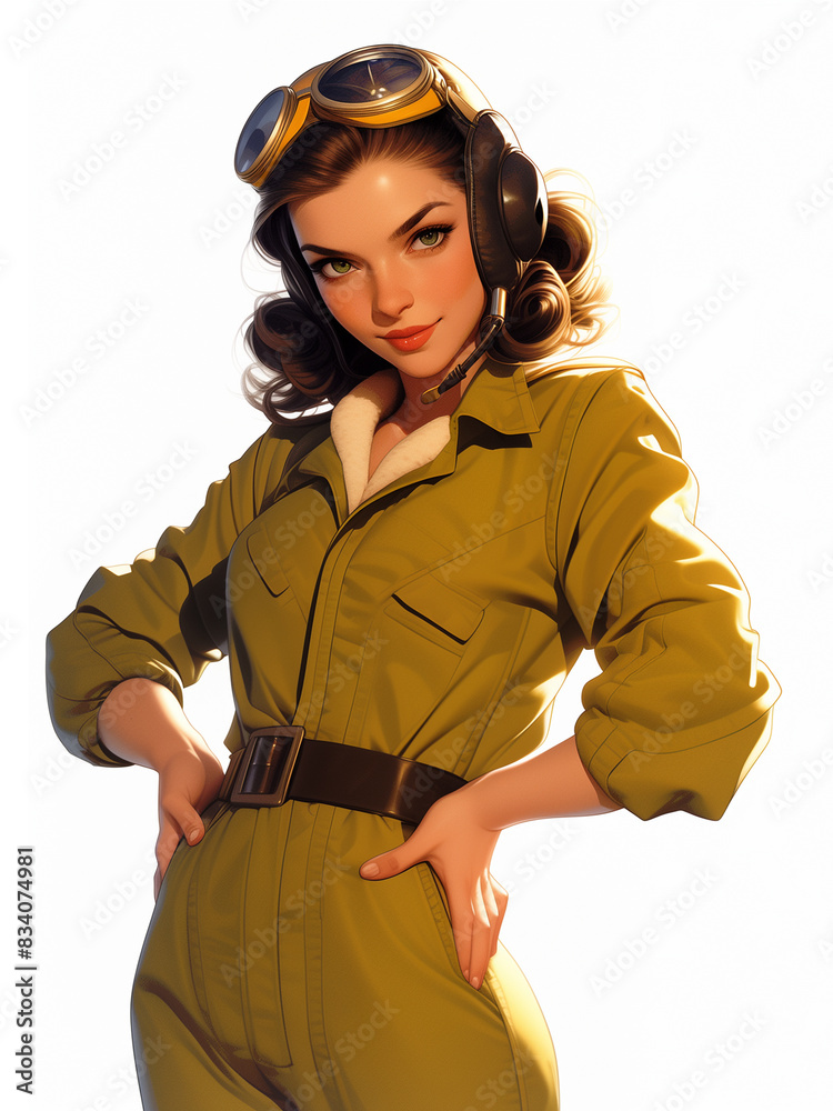 Pin-up girl posing in fighter pilot flight suit isolated on white ...