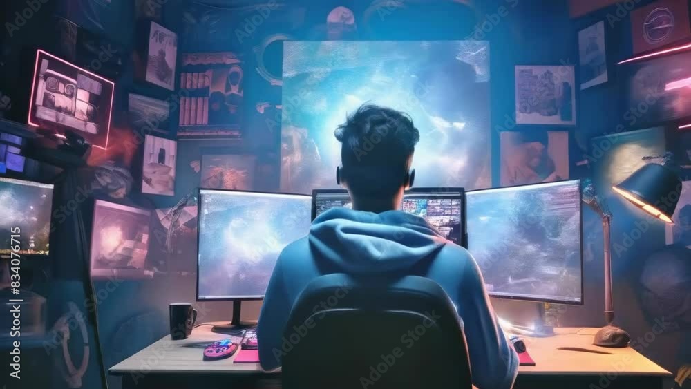 Young man passionately engaged in gaming at night, sitting before a ...