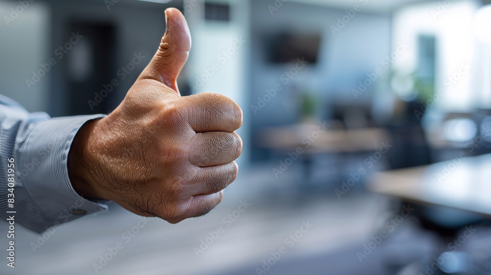 Hand giving thumbs up symbolizing business success against blurred ...