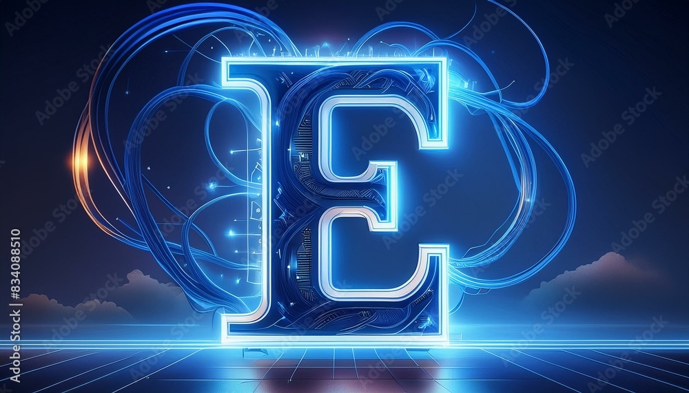 Electric blue letter e in futuristic style formed by dancing ...