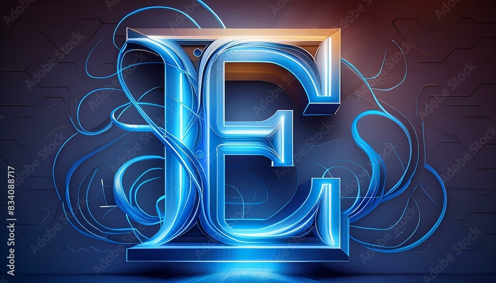 Electric blue letter e in futuristic style formed by dancing ...