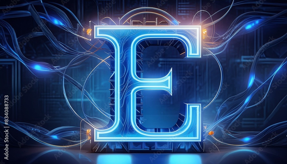 Electric blue letter e in futuristic style formed by dancing ...