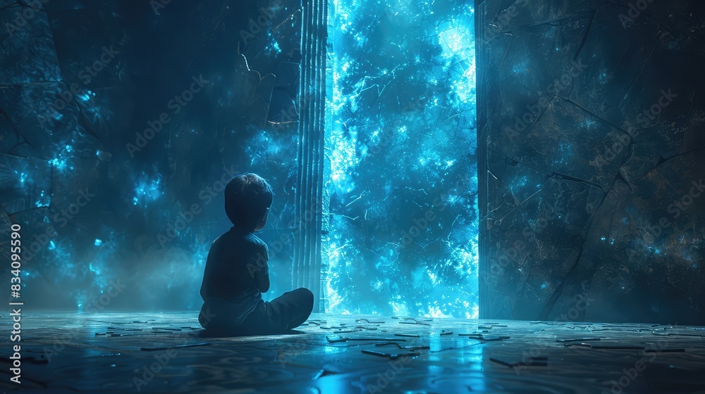 Intriguing Scene of a Little Boy Observing Flying Puzzle Pieces from an ...