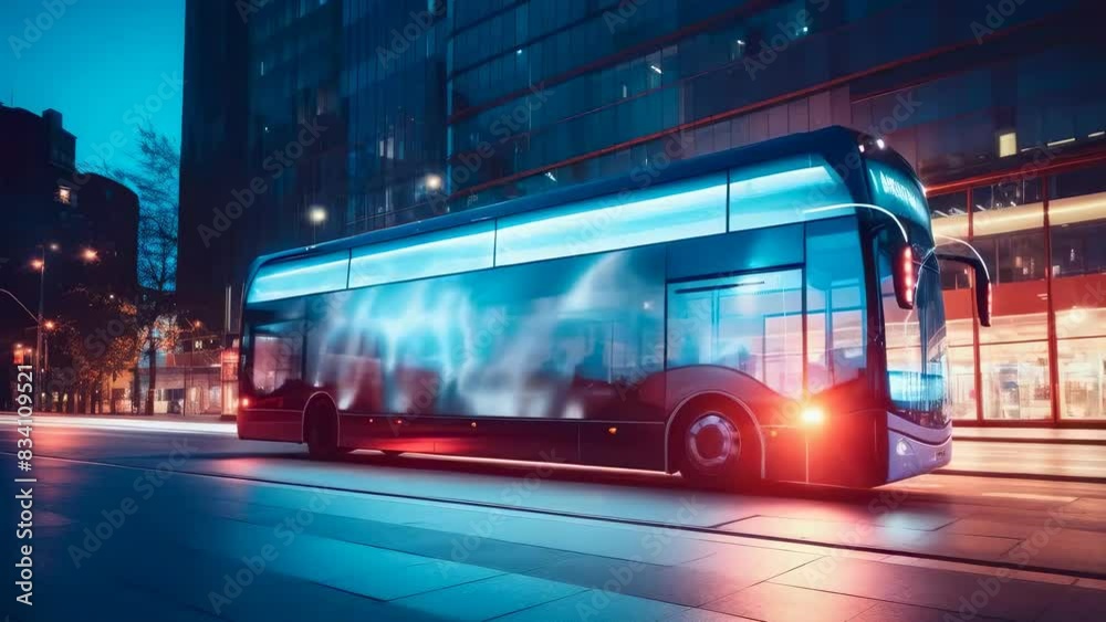 A modern electric bus with blue neon lights travels through a city ...