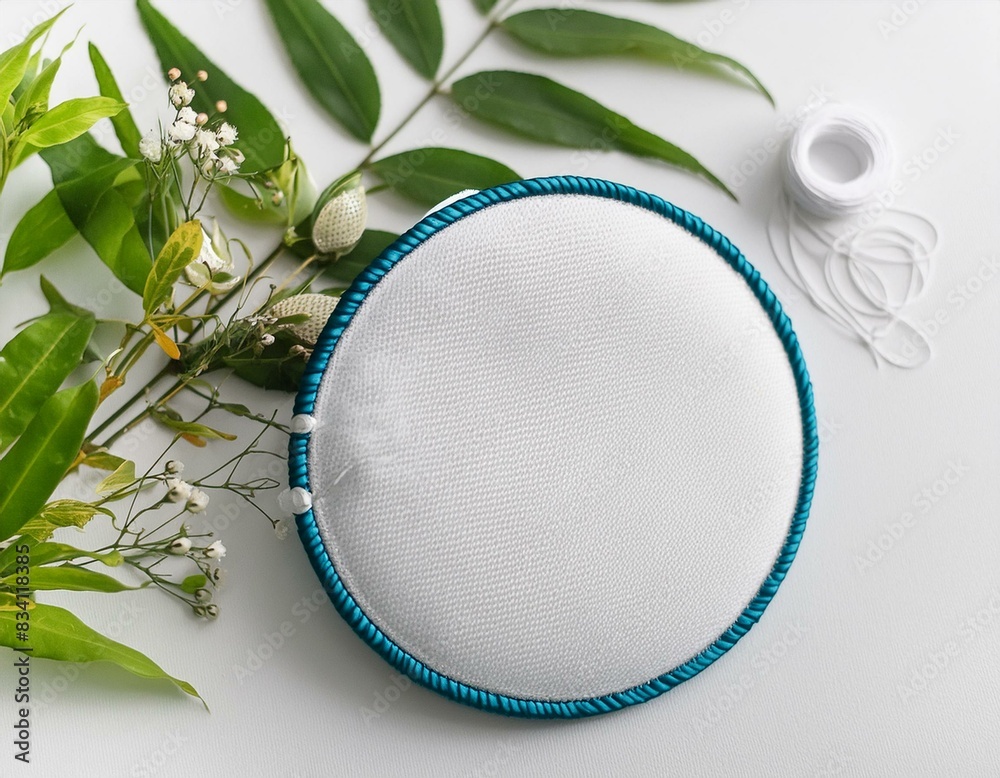 Blank white round embroidered patch mockup, top view, 3d. Empty cloth ...