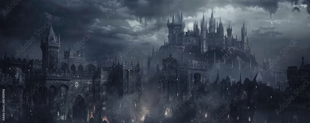 Mysterious and digital artwork of a dark, gothic city shrouded in mist ...