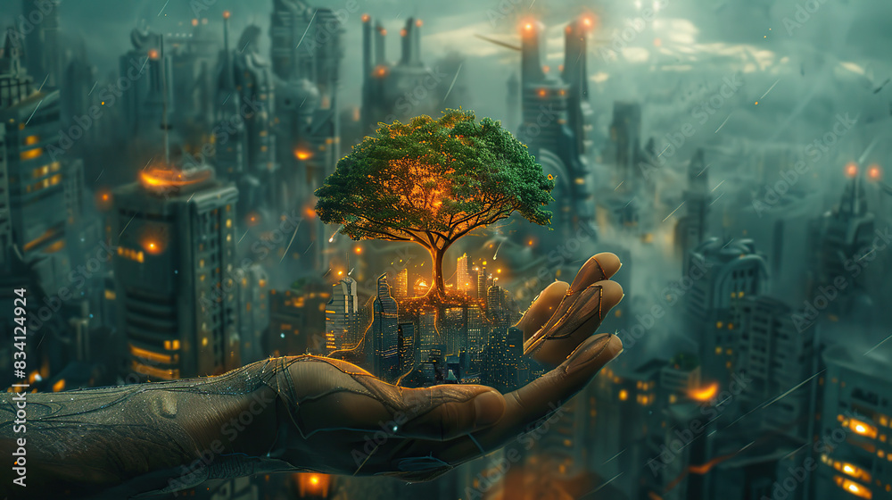 fantasy city of greenery, lush cityscape, green metropolis, eco-city ...