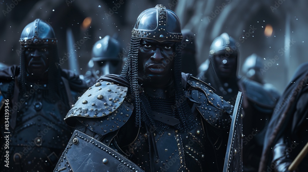 Male Medieval metal armoured knights in black full plate armour with ...