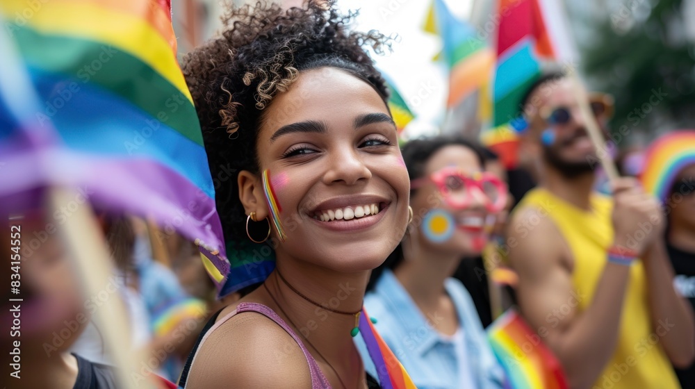 group of people of different ethnicities with the LGBT flag giving each ...