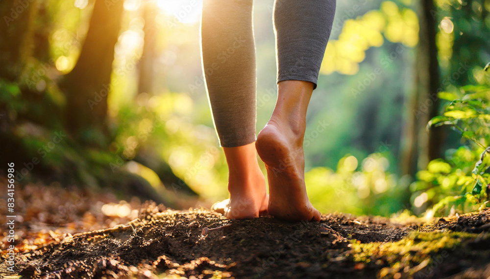woman stands barefoot on forest soil, connecting with nature. Her bare ...