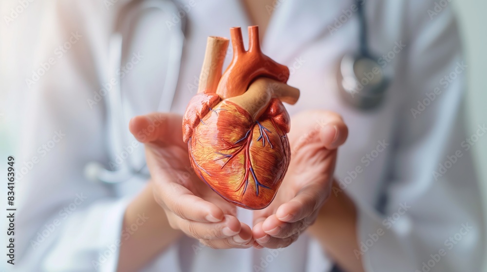 Doctor presenting a detailed human heart model for educational purposes ...