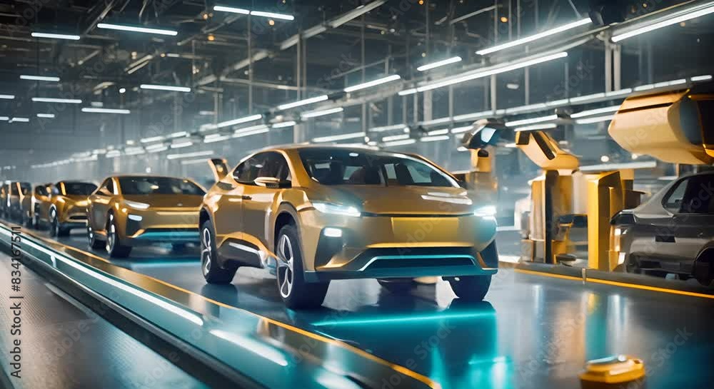 Futuristic electric car factory automated robotics. Robot assembles ...