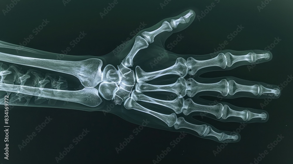 Detailed x-ray image of a human hand with visible bones and joints ...