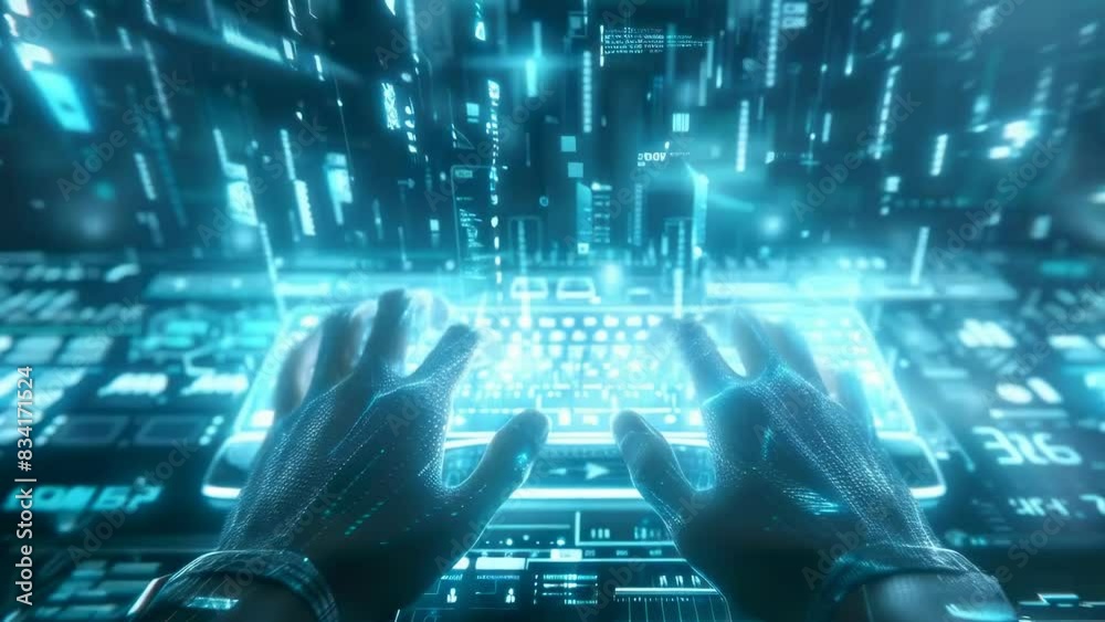 In a futuristic setting, two hands type on a glowing digital keyboard ...