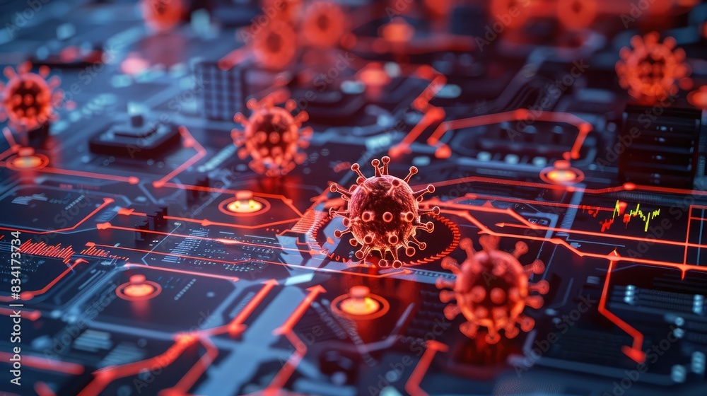 Illustration of a computer virus spreading through a network with red ...