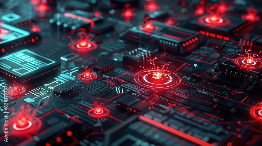 Illustration of a computer virus spreading through a network with red ...