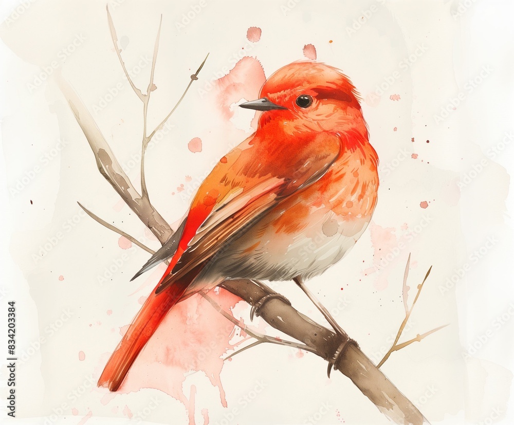 Red, pink bird background. Oil and watercolor painting. Sparrow ...