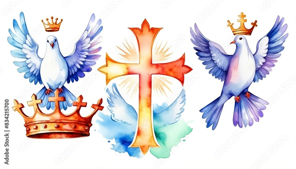 Holy Trinity symbols. Cross, crown and dove of Holy Spirit. Watercolor ...