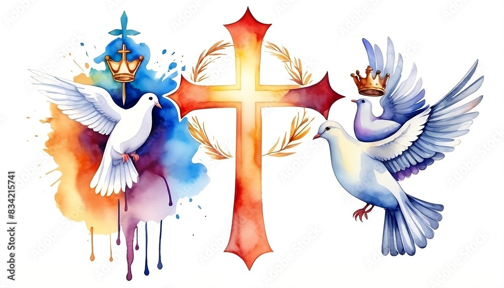 Holy Trinity symbols. Cross, crown and dove of Holy Spirit. Watercolor ...