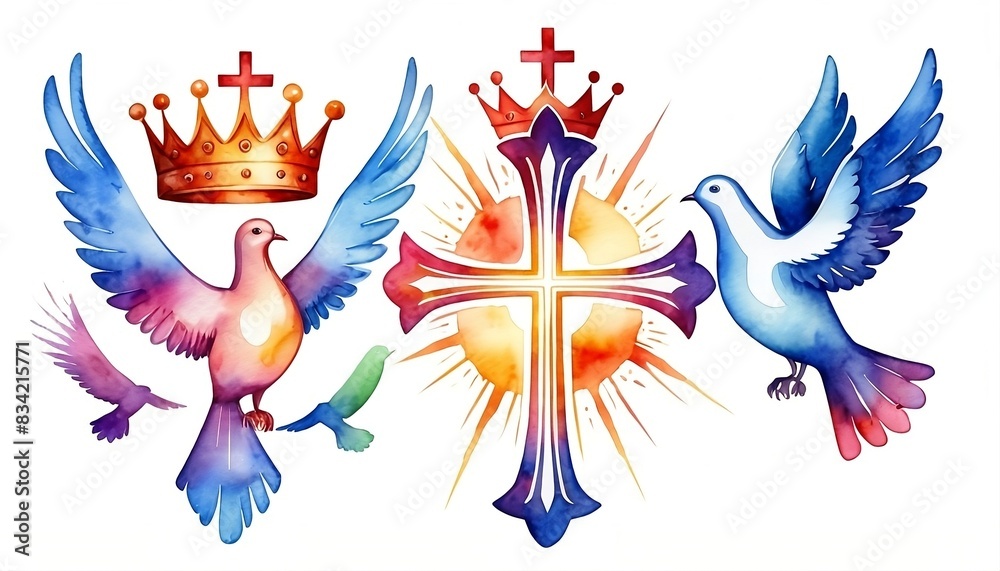 Holy Trinity symbols. Cross, crown and dove of Holy Spirit. Watercolor ...