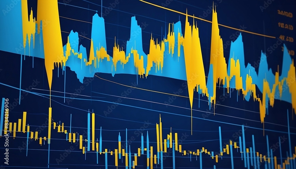 Stock market chart background, blue and yellow color, stock candlestick ...