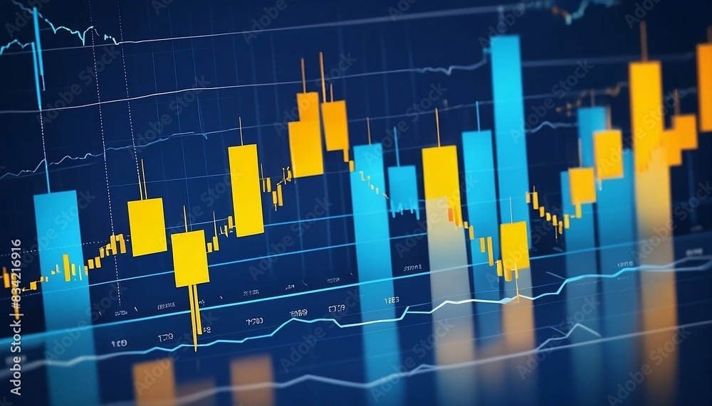Stock market chart background, blue and yellow color, stock candlestick ...