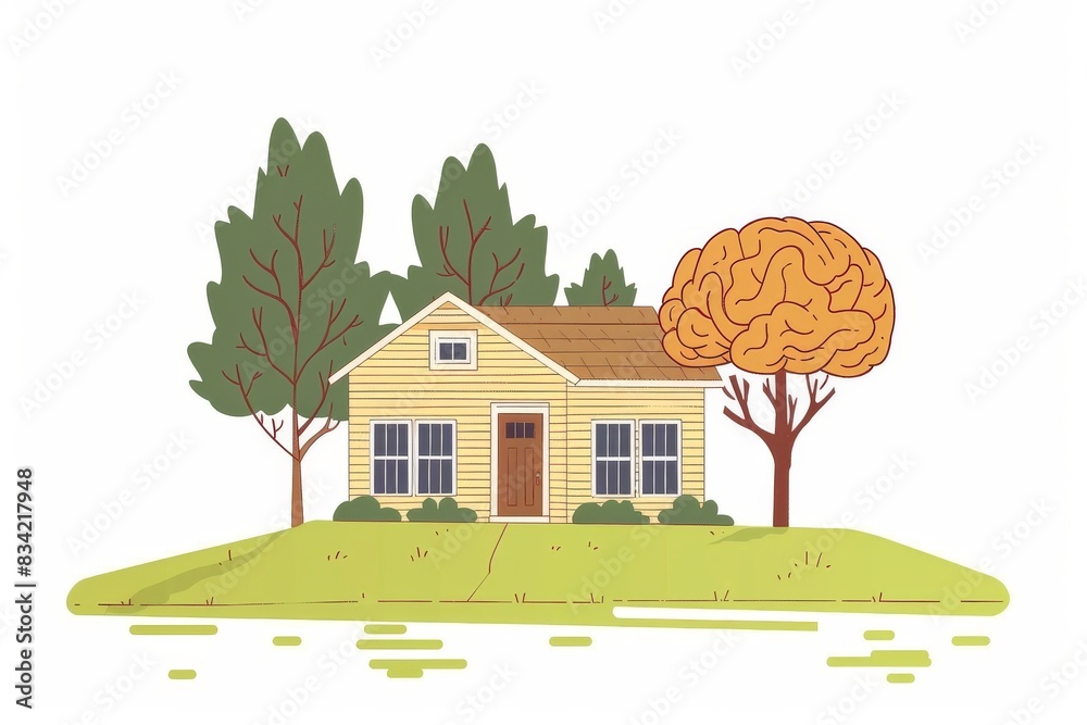 Simple house illustration with tree and brain symbolizing the ...