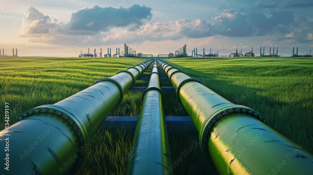 Photograph of green oil and gas pipes, underground lines in the field ...