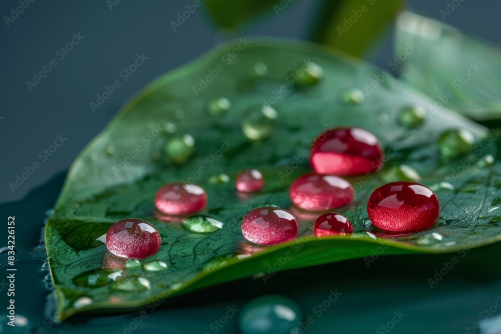 A drop of glycerin is neatly placed on the bright green leaves. It is a ...