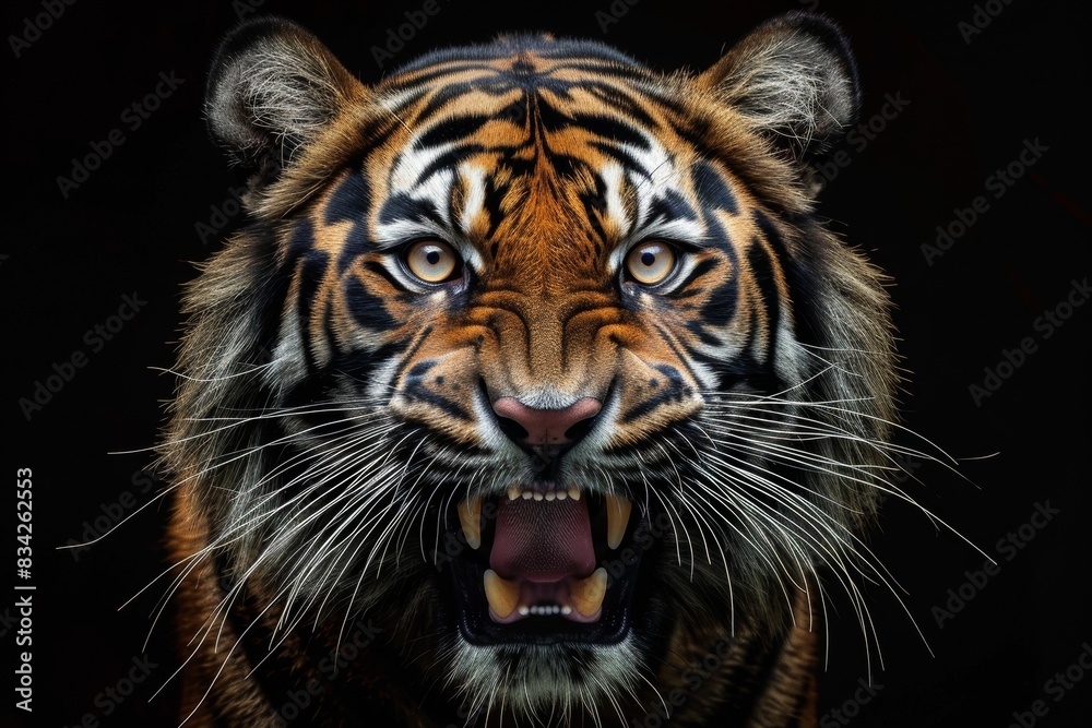 Mystic portrait of Sumatran Tiger in studio, copy space on right side ...