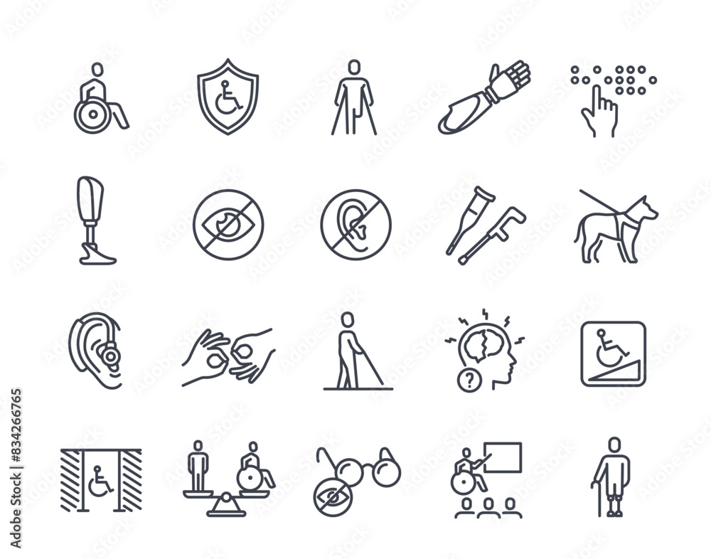 Set of line icons related to disability. Simple symbols with prosthesis ...