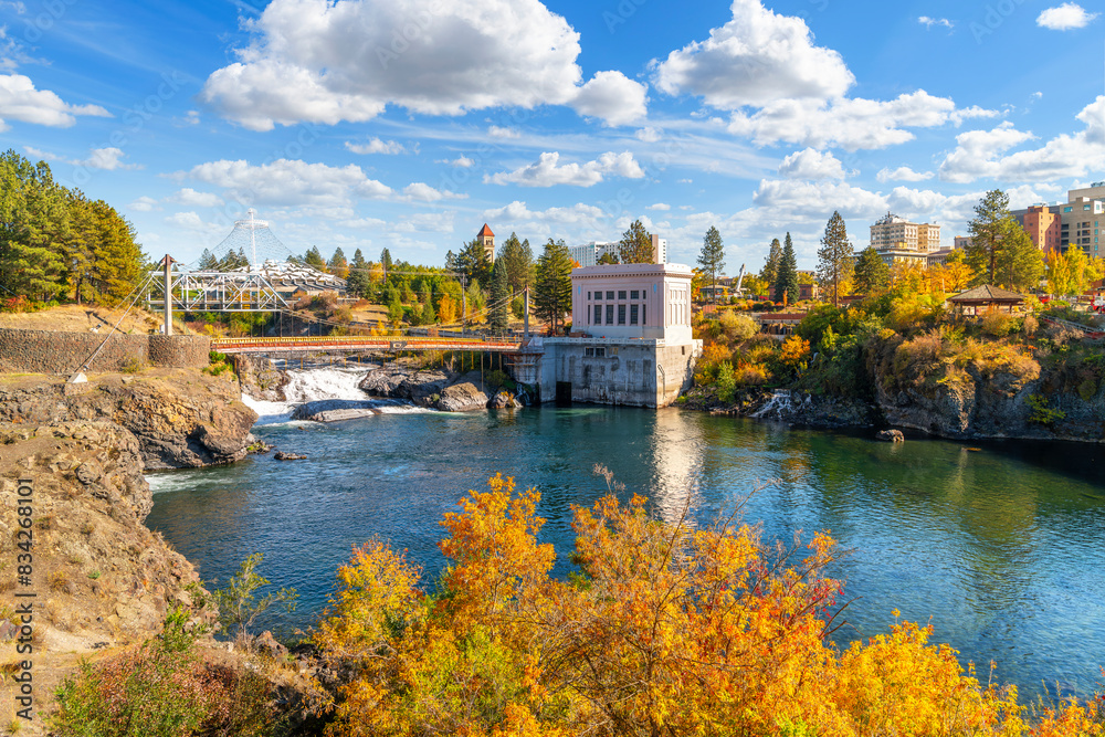 Autumn view of Riverfront Park in downtown, with the pavilion, clock ...