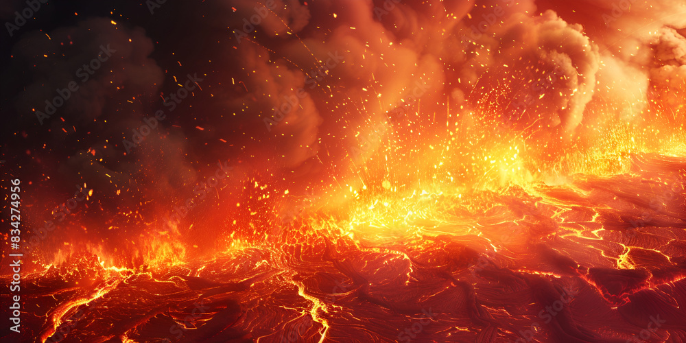 a glowing, fiery pit of lava with smoke and ash billowing upward lava ...